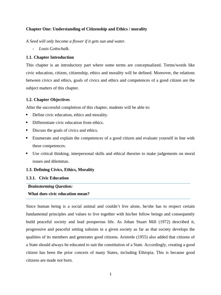 Civic and Moral Education Hand Out Chapter One ,Two and Three | PDF