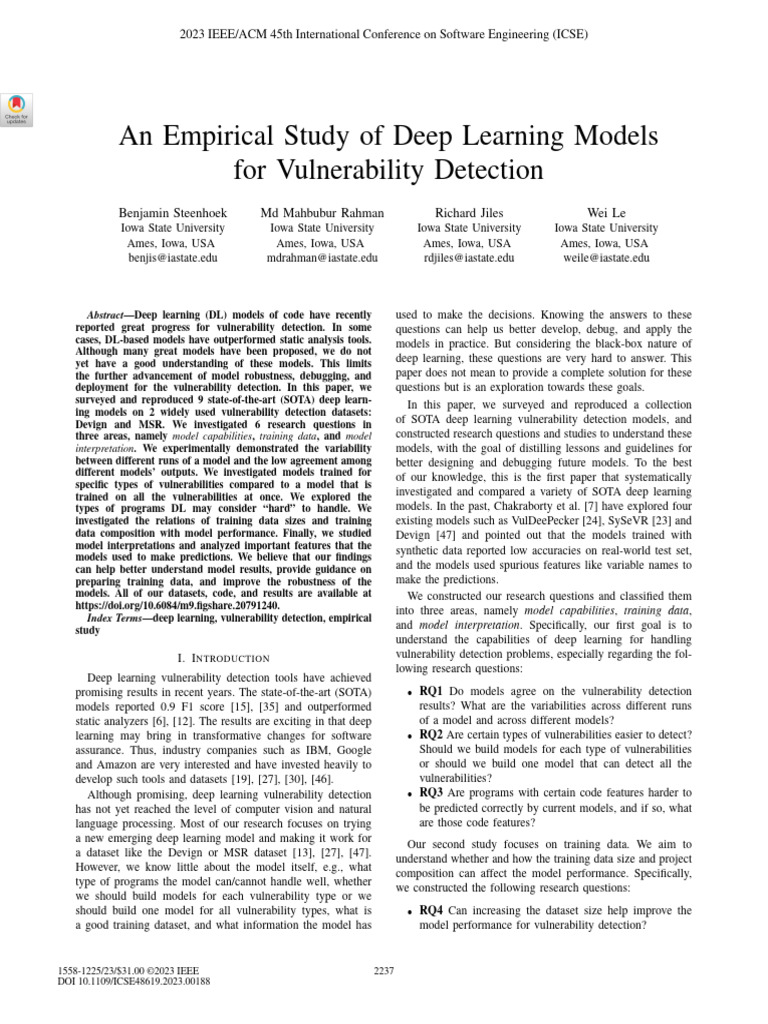 2023 - An Empirical Study of Deep Learning Models For Vulnerability Detection | PDF