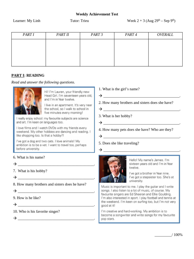 Test 2 Sep 10 Weekly Achievement Test | PDF