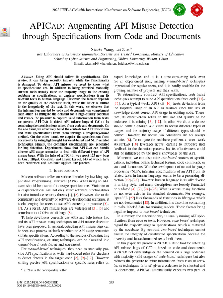2023_APICad - Augmenting API Misuse Detection Through Specifications From Code and Documents | PDF