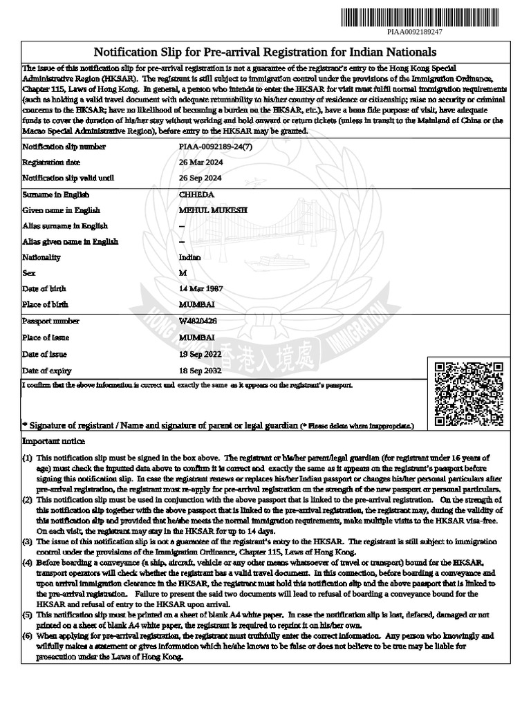 Notification Slip For Pre-Arrival Registration For Indian Nationals | PDF