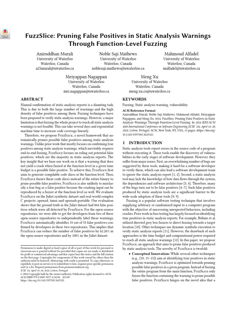 2024 - FuzzSlice - Pruning False Positives in Static Analysis Warnings Through Function-Level ...