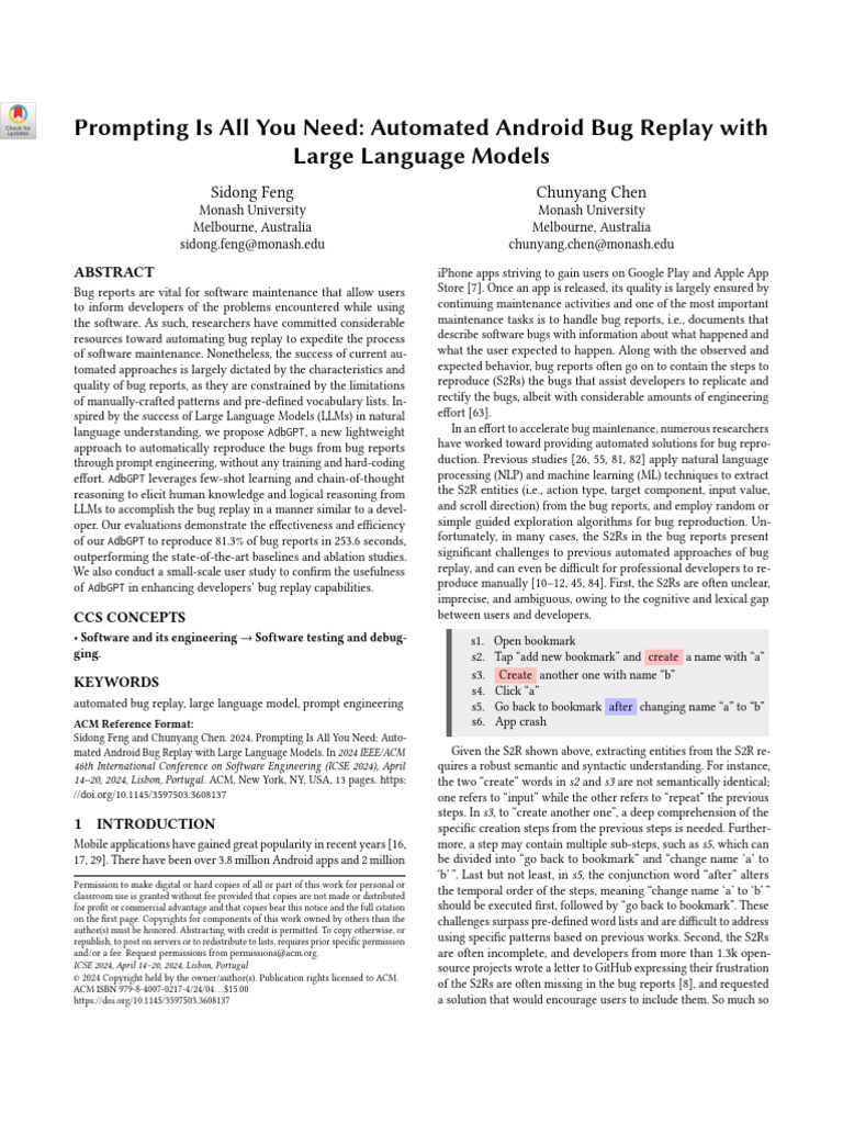 2024 - Prompting Is All You Need - Automated Android Bug Replay With Large Language Models | PDF