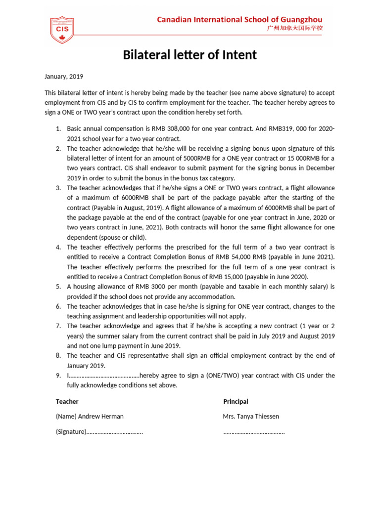 Bilateral Letter of Intent - Andrew Herman | PDF
