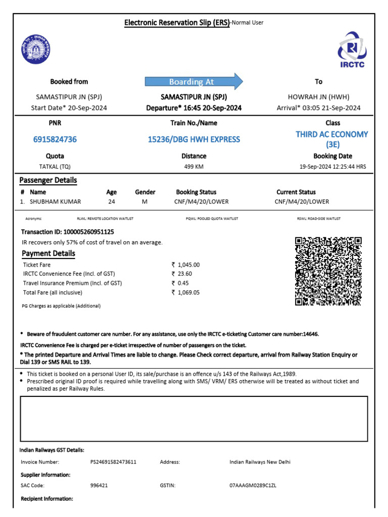 15236/Dbg HWH Express Third Ac Economy (3E) | PDF