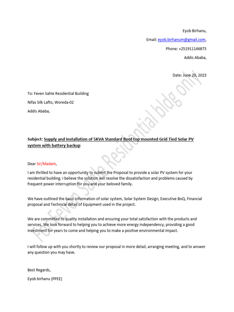 Solar Proposal For Feven Sahle Residential Building June 20,2023 | PDF