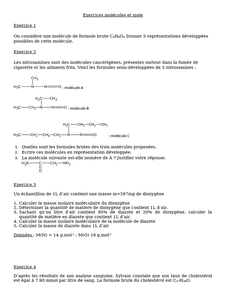 Exercices Mole Et Molécules | PDF