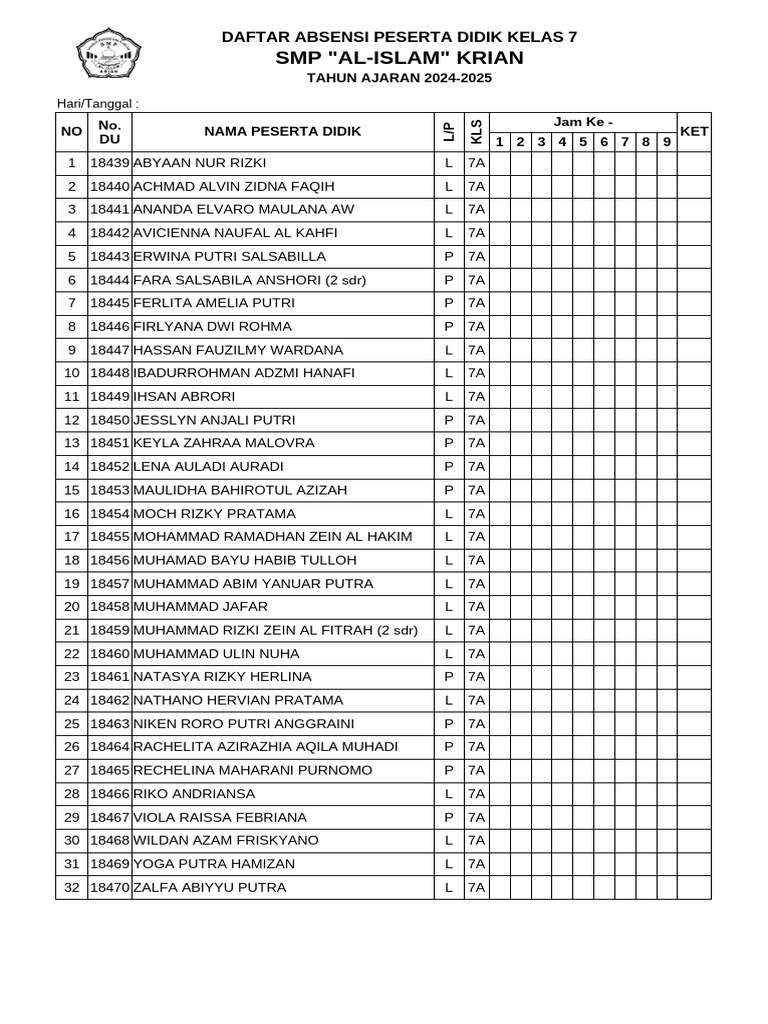 Bordir Nama Kelas 7 2024 | PDF