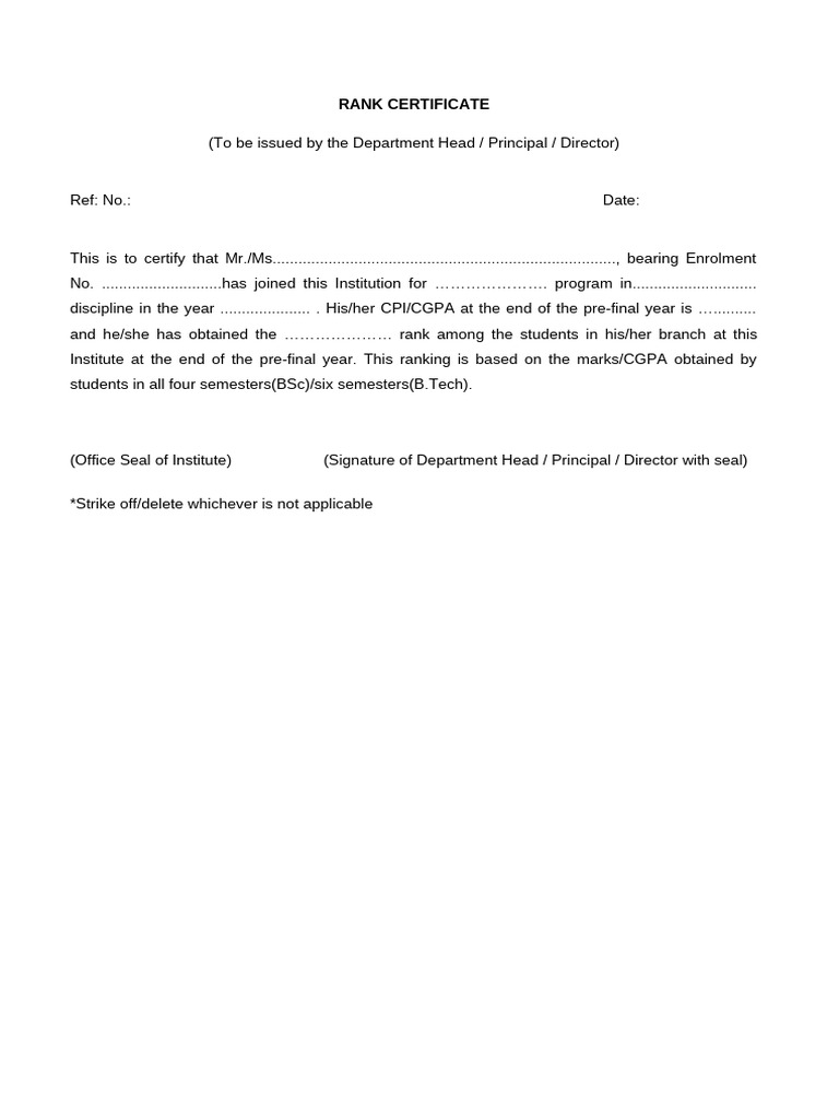 Rank Certificate Format | PDF