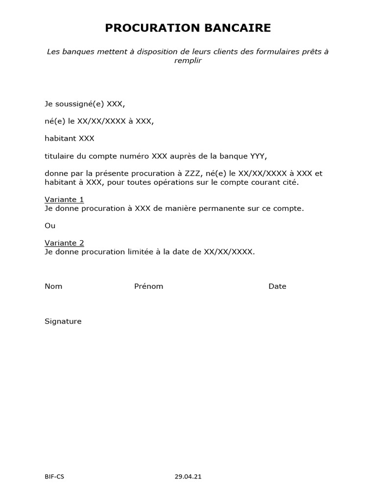 Procuration Bancaire Exemple | PDF