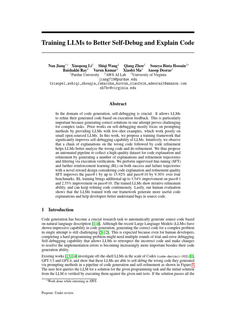 Training LLMs To Better Self-Debug and Explain Code | PDF