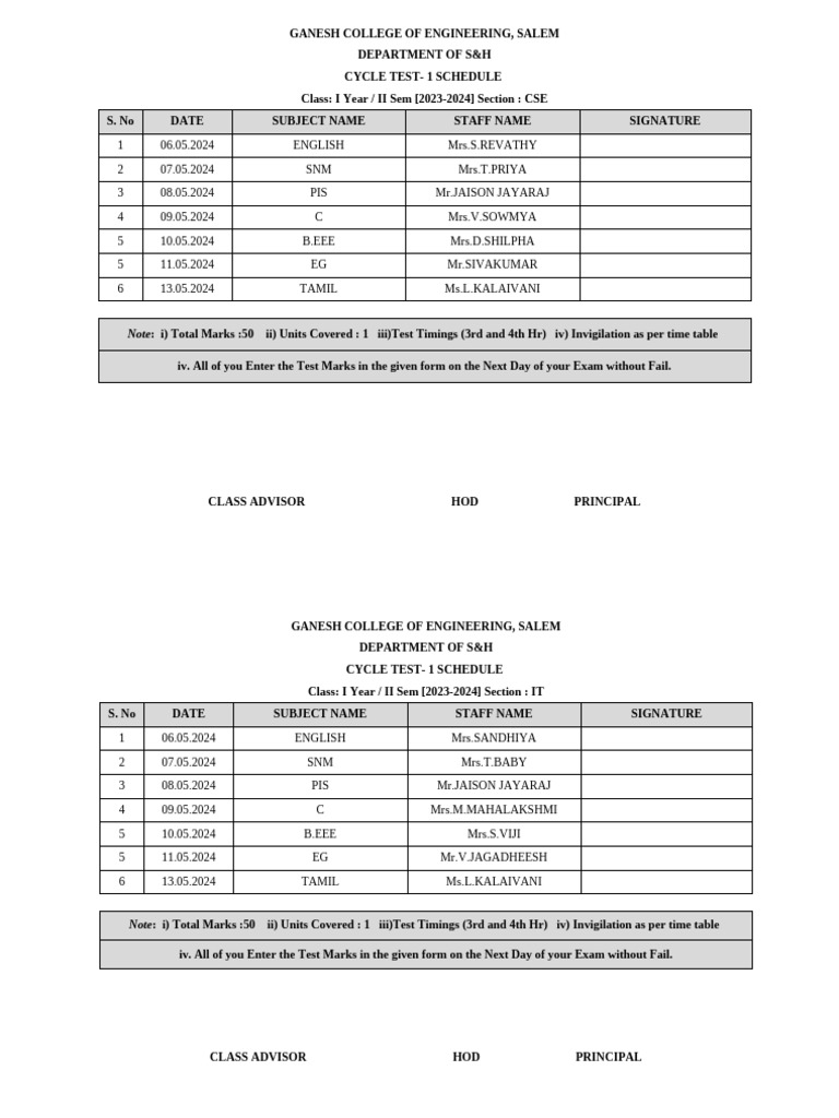 Test Time Table i Year | PDF