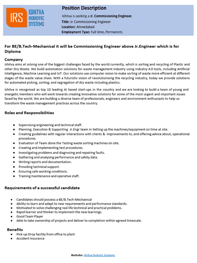 Job Description - Commissioning Engineer - BE-B.tech-Mechanical | PDF