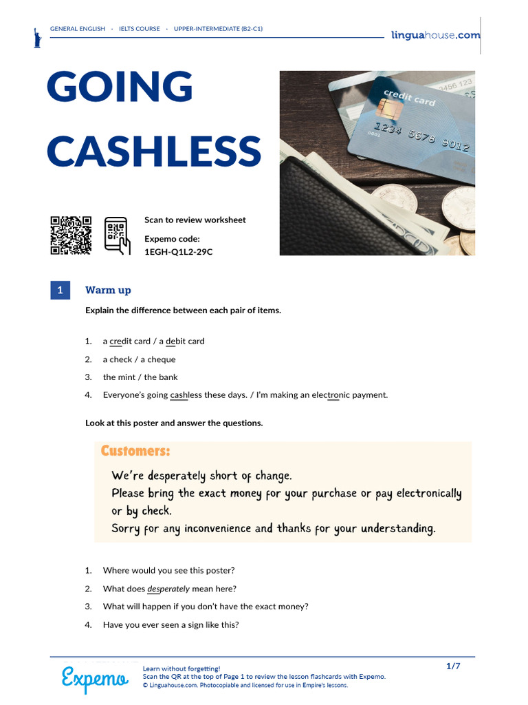 Going Cashless American English Student | PDF