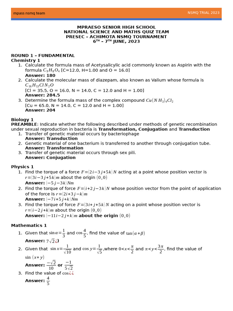 Mpass NSMQ Ques 2023 | PDF