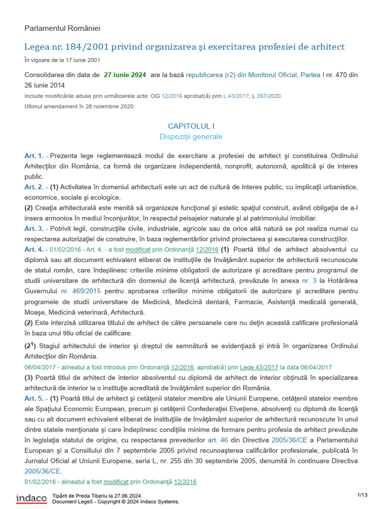 Legea NR 184 2001 Privind Organizarea Si Exercitarea Profesiei de Arhitect | PDF