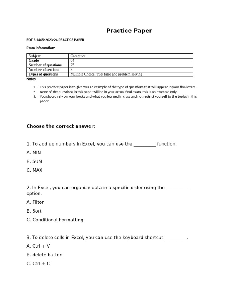G4 Practice Paper Term 3 Without Answers | PDF