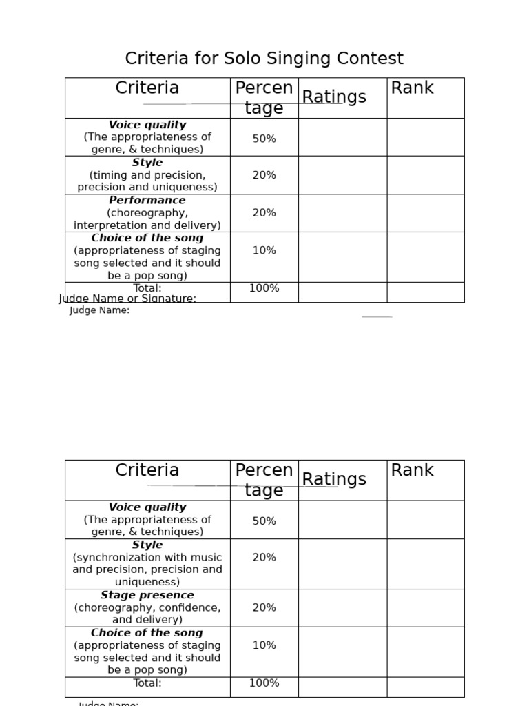 Criteria For Solo Singing Contest | PDF | Singing