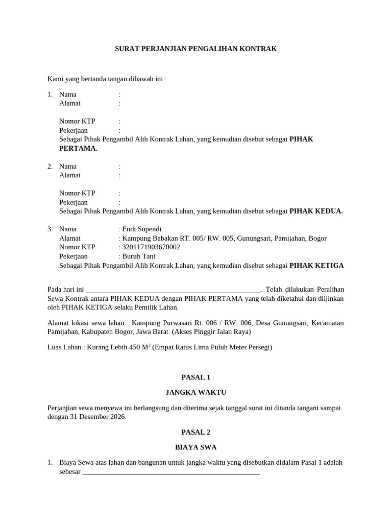 Surat Perjanjian Pengalihan Kontrak | PDF