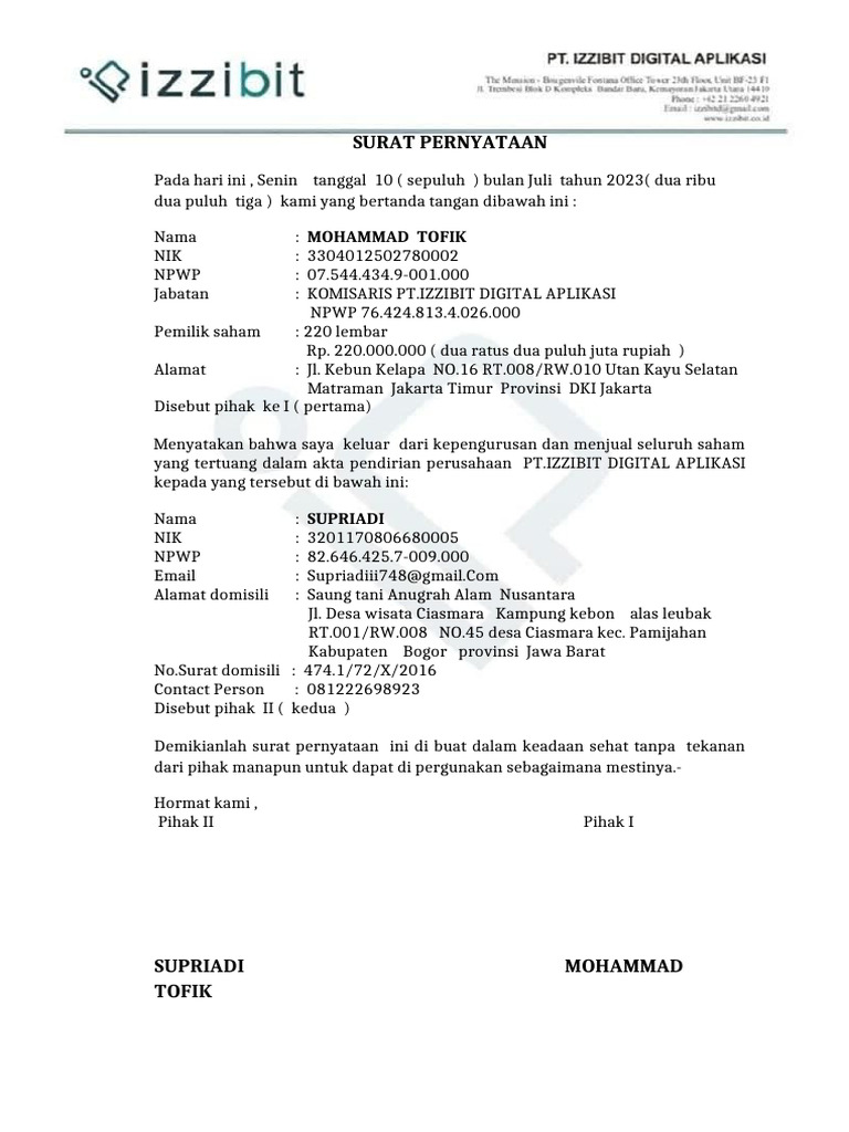 Surat Pernyataan Jual Saham Izzibit | PDF