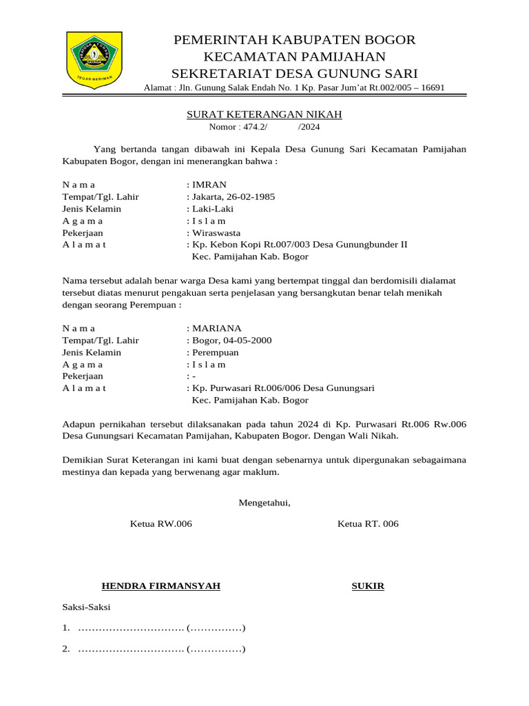 Surat Keterangan Nikah Siri | PDF