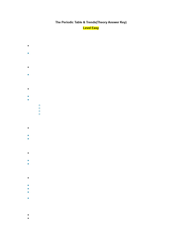 Chemistry - The Periodic Table (Theory Answer Key) | PDF