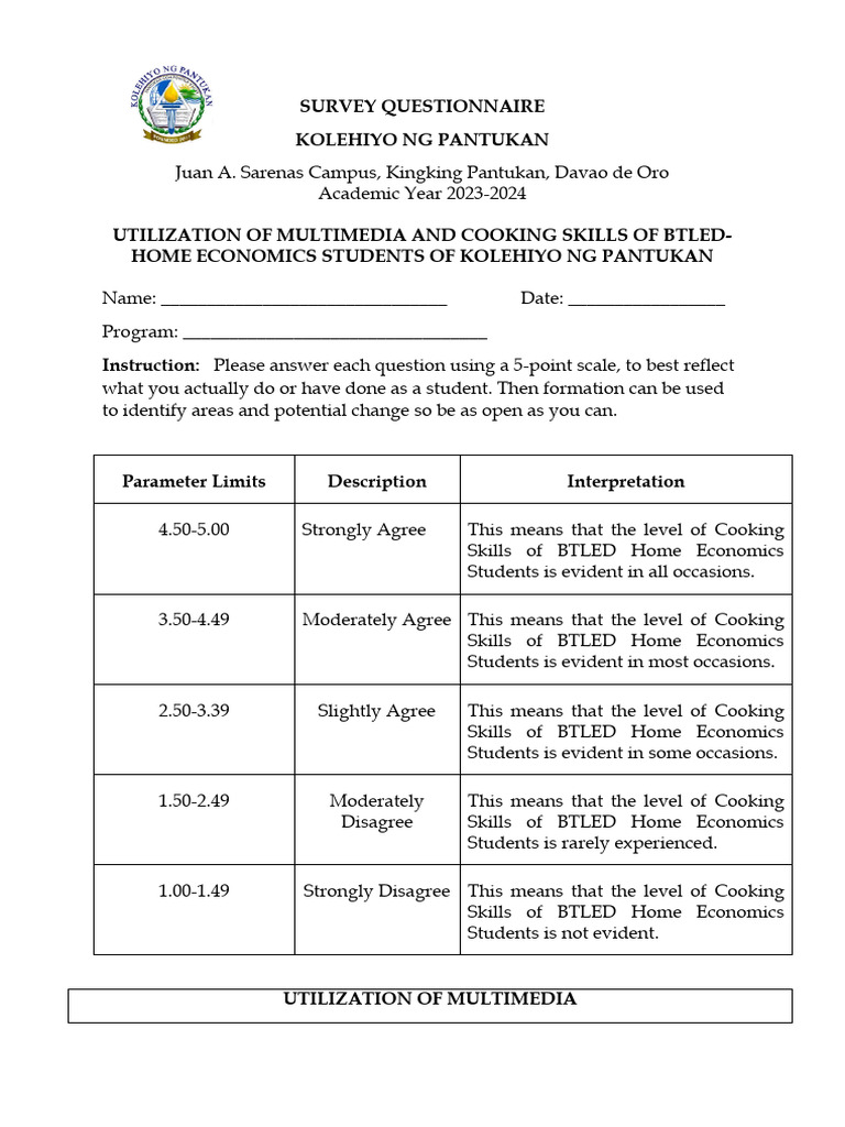 Multimedia and Cooking Skills Survey Questionnaire | PDF