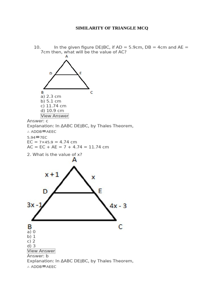 Similarity of Triangle MCQ | PDF