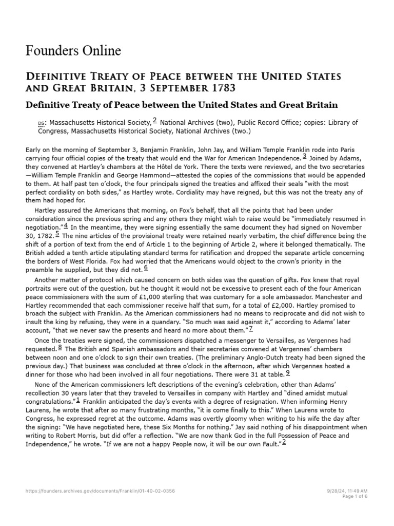 Definitive Treaty of Peace Between The United States and Great | PDF ...