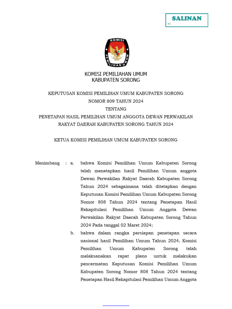 Hasil Pemilu DPRD Sorong 2024 | PDF