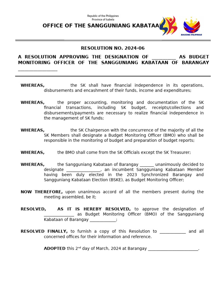 SK Resolution Designating Budget Monitoring Officer | PDF