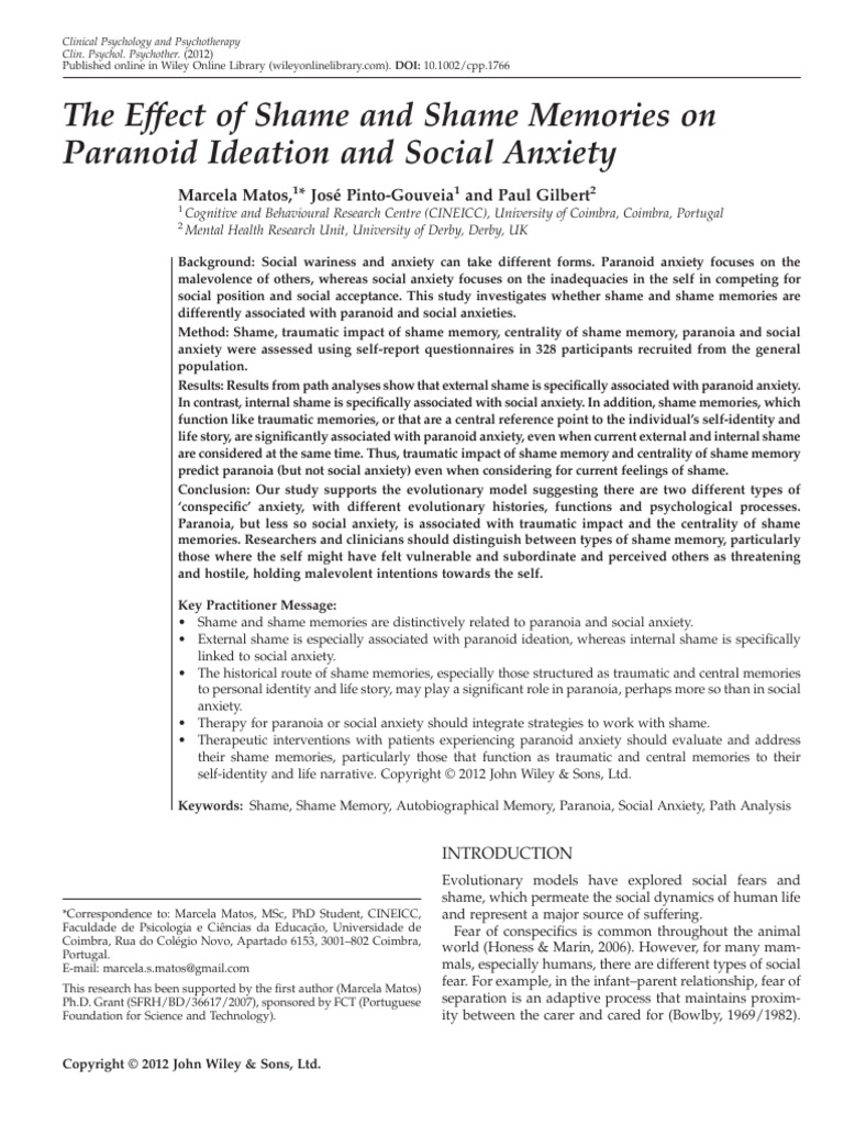 Shame and Social Anxiety Vs Paaranoia | PDF