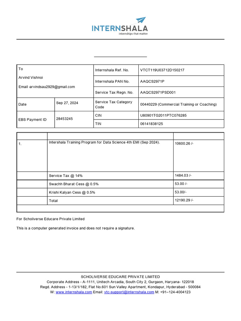 Internshala-Sep Invoice | PDF
