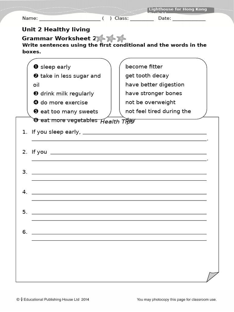 Unit 2 Healthy Living Grammar Worksheet 2.1C: Write Sentences Using The ...
