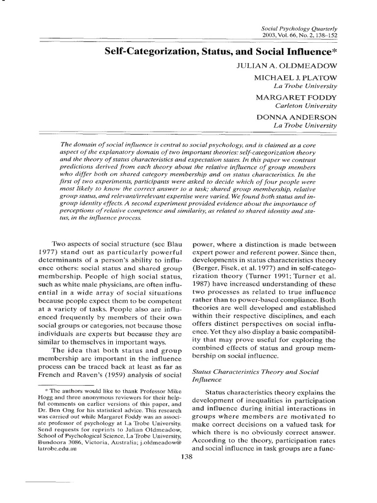 Self-Categorization, Status, A | PDF