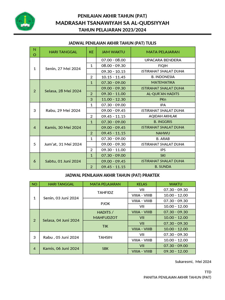 Jadwal Pat Mts 2023-2024 | PDF