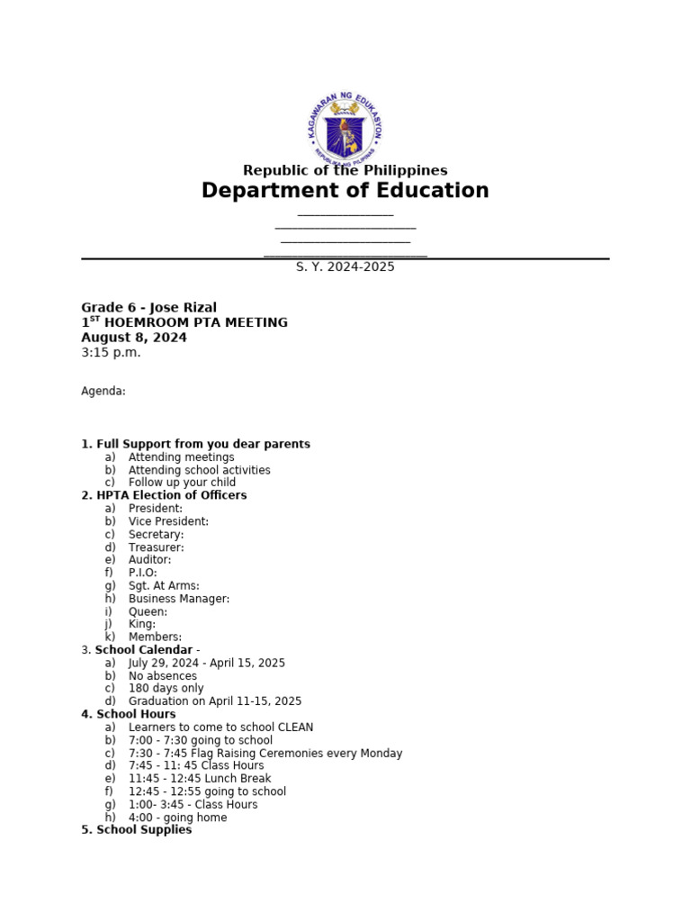 Homeroom PTA Meeting Agenda 2024 | PDF | Educational Institutions | Schools