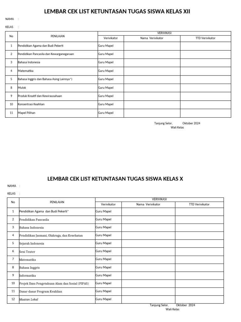 Lembar Cek List Ketuntasan Tugas Siswa | PDF
