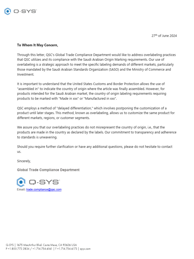Q-SYS letter | PDF