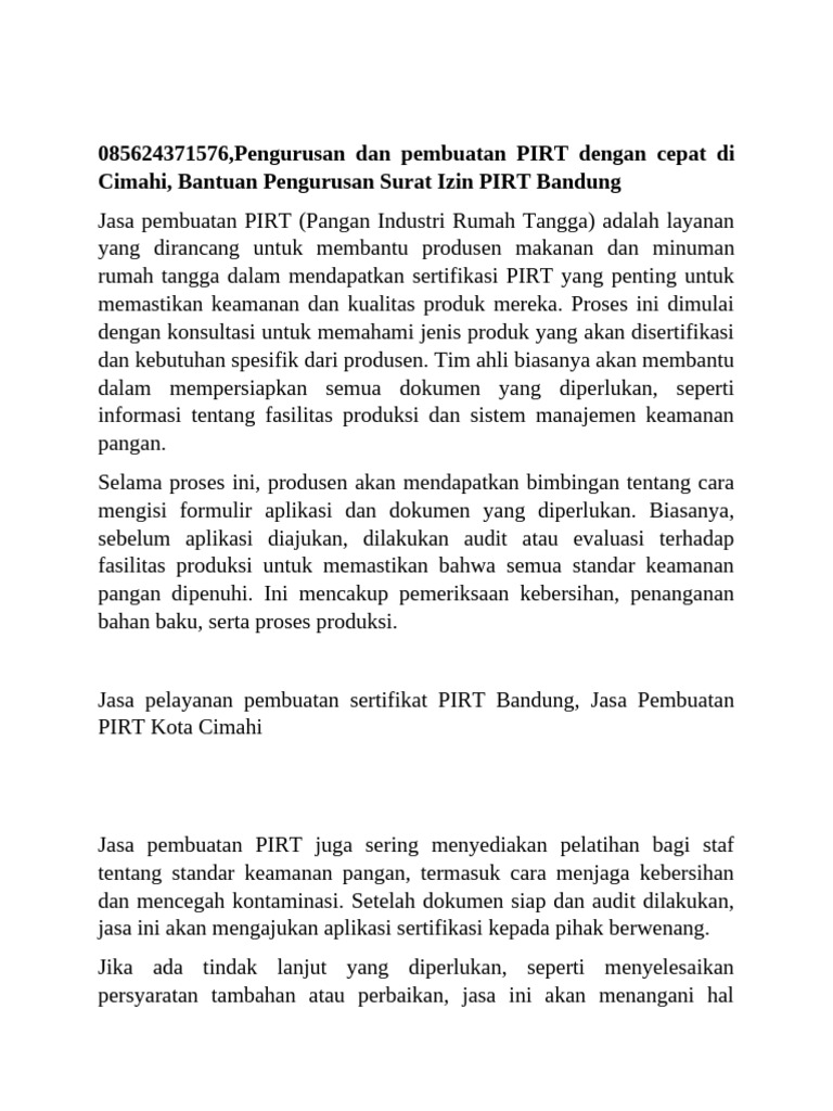 085624371576, Pengurusan Dan Pembuatan PIRT Dengan Cepat Di Cimahi ...