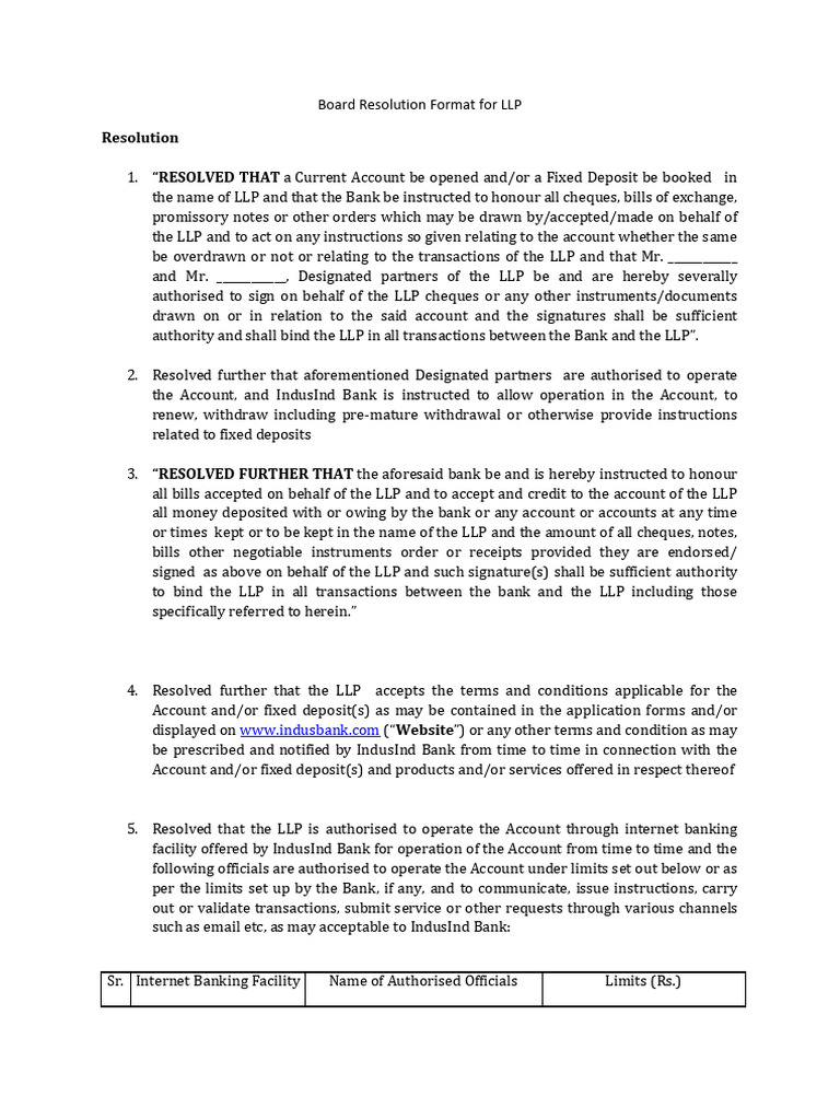 Board Resolution Draft LLP | PDF