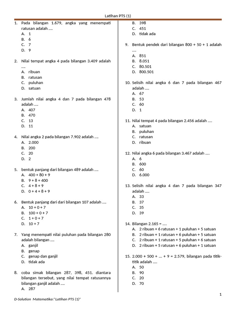 Soal Matematika Kelas 3 Semester 1 Latihan Pts | PDF
