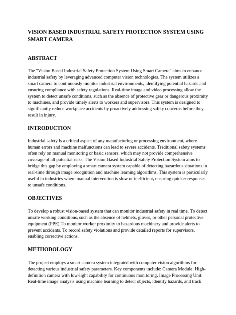 Vision Based Industrial Safety Protection System Using Smart Camera | PDF