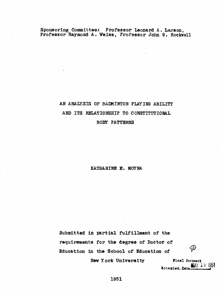 Moyna, Katharine Eleanor - An Analysis of Badminton Playing Ability and Its Relationship To ...