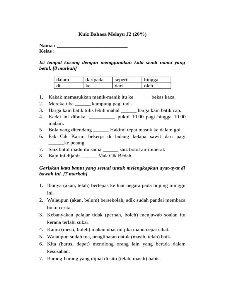 Kuiz Bahasa Melayu J2 | PDF
