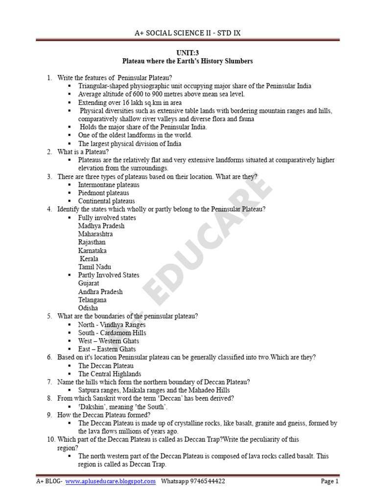 A+ Blog-Std-9-Social Science I-Chapter-3-Plateau Where The Earth's History Slumbers-Questions ...