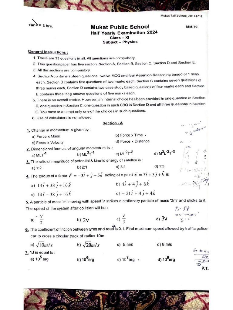 Physics Mid Term Paper 2024-25 | PDF