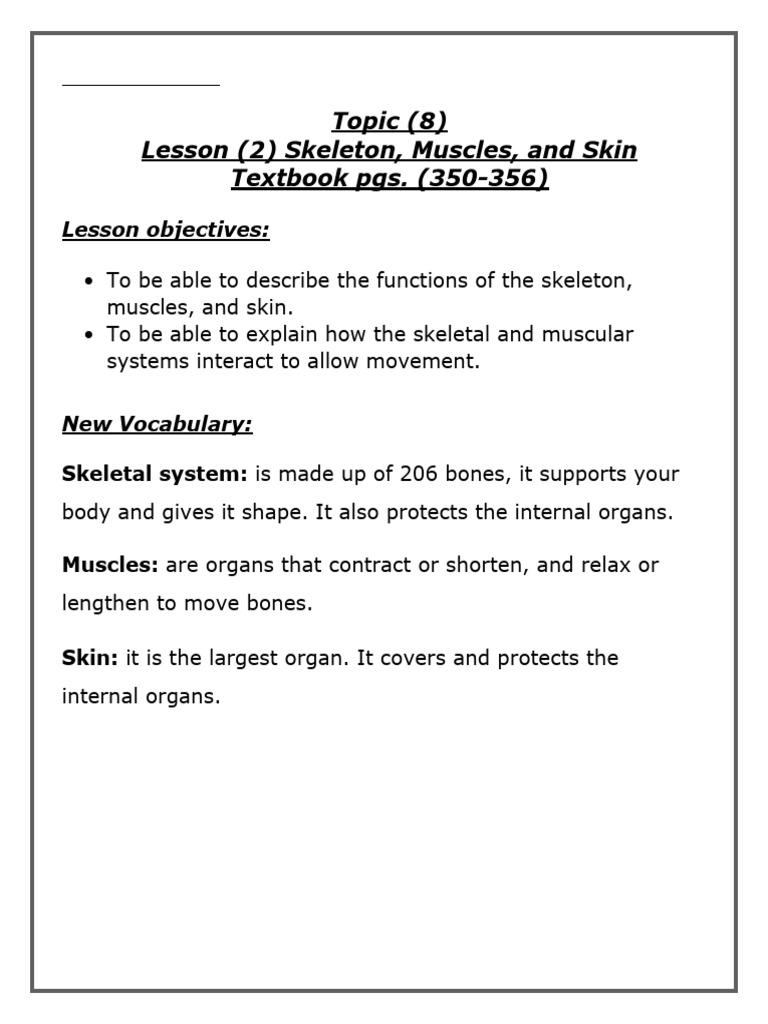 Topic 8 Lesson 2 Skeleton, Muscle, Skin Booklet Model Ans. | PDF