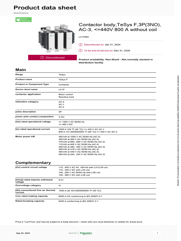 Schneider Electric TeSys-F-Contactors LC1F800 | PDF