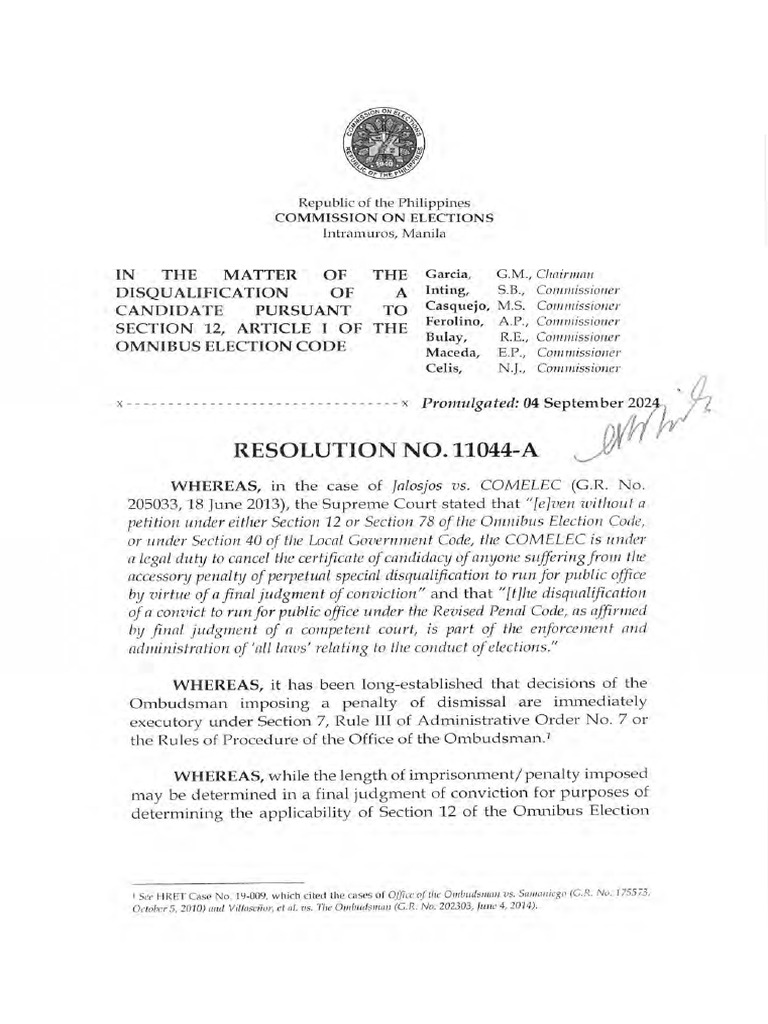 Resolution No. 11044-A - IN THE MATTER OF THE DISQUALIFICATION OF A ...